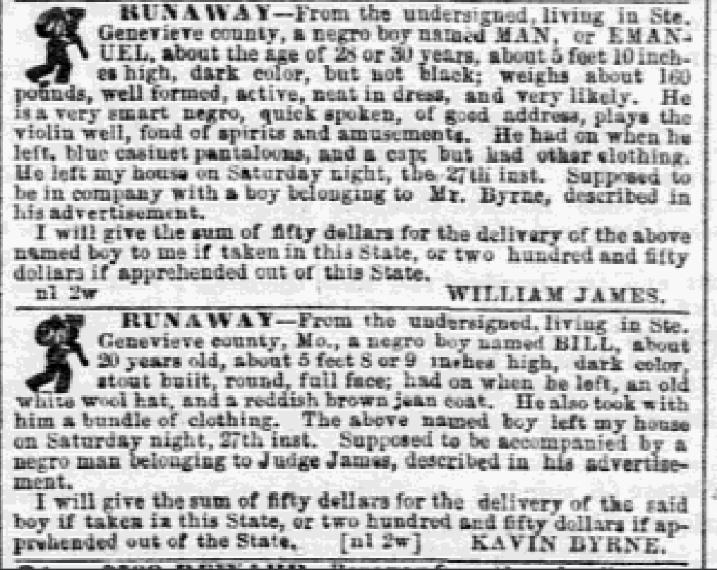 1849 Runaway Ad --Bill and Emmanuel | Slave Stampedes on the Southern Borderlands